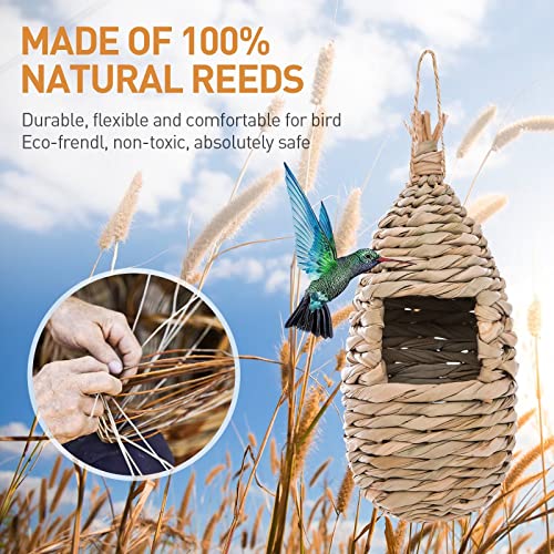 WDEFUN Humming Bird Houses for Outdoor Hanging, Natural Grass Bird Hut,Hand Woven Hummingbird Nest,Wren Finch Bird House for Garden Window Outdoor Home 3 Pack