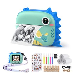 himont kids camera instant print, digital camera for kids with zero ink print paper & 32g tf card, selfie video camera with color pens & photo clips for diy, gift for boys 3-12 years old (blue)