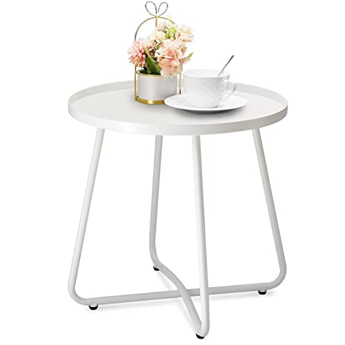 danpinera Outdoor Side Tables, Weather Resistant Steel Patio Side Table, Small Round Outdoor End Table Metal Side Table for Patio Yard Balcony Garden Bedside White