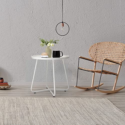 danpinera Outdoor Side Tables, Weather Resistant Steel Patio Side Table, Small Round Outdoor End Table Metal Side Table for Patio Yard Balcony Garden Bedside White