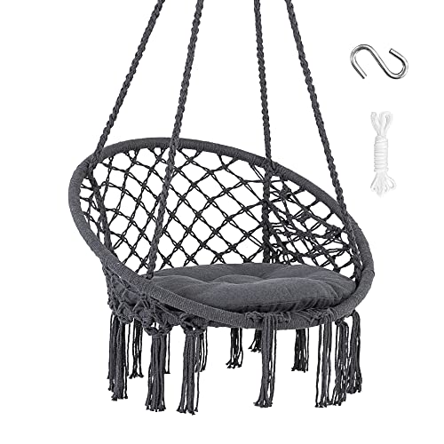 SUNCREAT Hammock Chair Hanging Macrame Swing with Cushion and Hardware Kits, Max 330 Lbs, Handmade Knitted Mesh Rope Swing Chair for Indoor, Outdoor, Bedroom, Patio, Yard, Deck, Garden, Grey