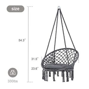 SUNCREAT Hammock Chair Hanging Macrame Swing with Cushion and Hardware Kits, Max 330 Lbs, Handmade Knitted Mesh Rope Swing Chair for Indoor, Outdoor, Bedroom, Patio, Yard, Deck, Garden, Grey