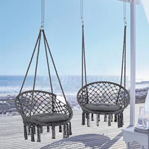 SUNCREAT Hammock Chair Hanging Macrame Swing with Cushion and Hardware Kits, Max 330 Lbs, Handmade Knitted Mesh Rope Swing Chair for Indoor, Outdoor, Bedroom, Patio, Yard, Deck, Garden, Grey