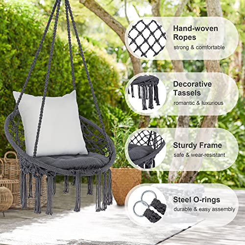 SUNCREAT Hammock Chair Hanging Macrame Swing with Cushion and Hardware Kits, Max 330 Lbs, Handmade Knitted Mesh Rope Swing Chair for Indoor, Outdoor, Bedroom, Patio, Yard, Deck, Garden, Grey