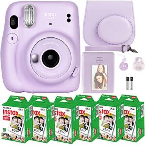 fujifilm instax mini 11 camera with fujifilm instant mini film (60 sheets) bundle with deals number one accessories including carrying case, selfie lens, photo album, stickers (lilac purple)