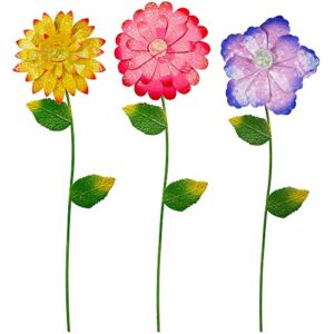 juegoal 3 pack flower garden stakes decor, shaking head metal outdoor sunflowers daisy glow in dark metal yard art, waterproof metal flower stick, indoor outdoor lawn pathway patio ornaments