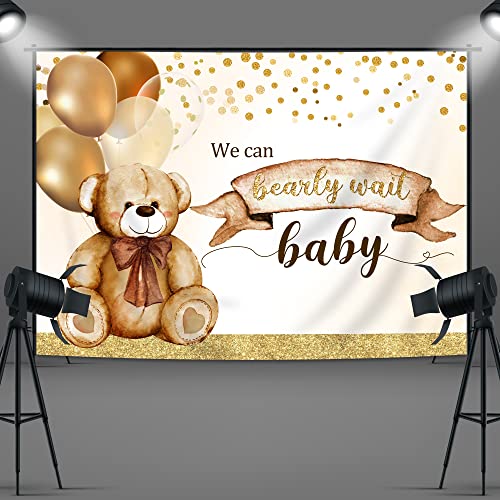 Imirell Bear Baby Shower Backdrop 7Wx5H Feet We Can Bearly Wait Cute Lovely Brown Balloons Gold Dots Polyester Fabric Boy Girl Kids Party Photography Backgrounds Photo Shoot Decor Props Decoration