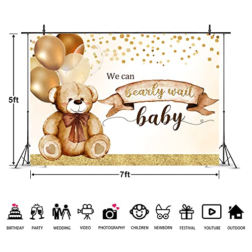 Imirell Bear Baby Shower Backdrop 7Wx5H Feet We Can Bearly Wait Cute Lovely Brown Balloons Gold Dots Polyester Fabric Boy Girl Kids Party Photography Backgrounds Photo Shoot Decor Props Decoration