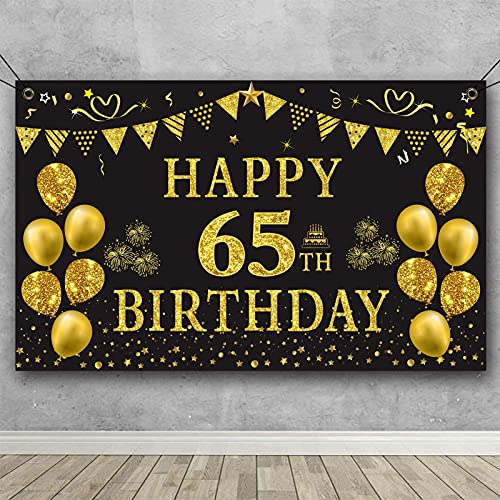 Trgowaul 65th Birthday Backdrop Gold and Black 5.9 X 3.6 Fts Happy Birthday Party Decorations Banner for Women Men Photography Supplies Background Happy Birthday Decoration