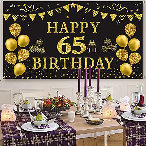 Trgowaul 65th Birthday Backdrop Gold and Black 5.9 X 3.6 Fts Happy Birthday Party Decorations Banner for Women Men Photography Supplies Background Happy Birthday Decoration