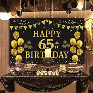 Trgowaul 65th Birthday Backdrop Gold and Black 5.9 X 3.6 Fts Happy Birthday Party Decorations Banner for Women Men Photography Supplies Background Happy Birthday Decoration