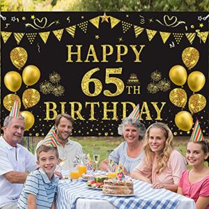 Trgowaul 65th Birthday Backdrop Gold and Black 5.9 X 3.6 Fts Happy Birthday Party Decorations Banner for Women Men Photography Supplies Background Happy Birthday Decoration