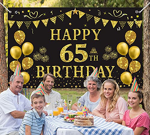 Trgowaul 65th Birthday Backdrop Gold and Black 5.9 X 3.6 Fts Happy Birthday Party Decorations Banner for Women Men Photography Supplies Background Happy Birthday Decoration