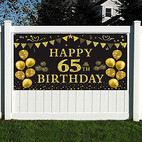 Trgowaul 65th Birthday Backdrop Gold and Black 5.9 X 3.6 Fts Happy Birthday Party Decorations Banner for Women Men Photography Supplies Background Happy Birthday Decoration