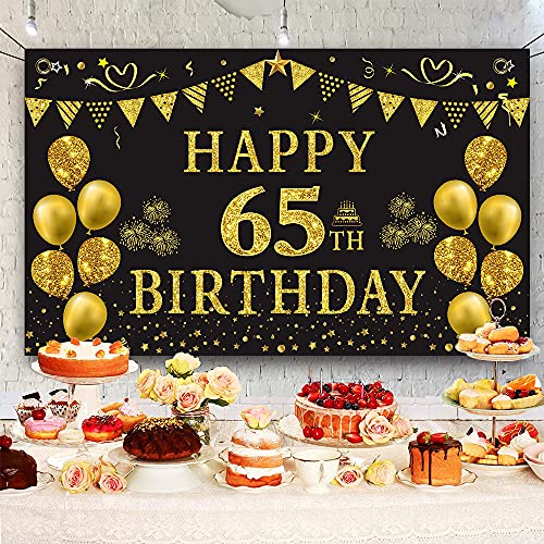 Trgowaul 65th Birthday Backdrop Gold and Black 5.9 X 3.6 Fts Happy Birthday Party Decorations Banner for Women Men Photography Supplies Background Happy Birthday Decoration