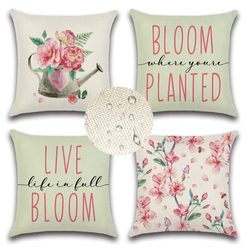 Ohok Spring Summer Outdoor Waterproof Pillow Covers 18x18 Set of 4 Farmhouse Decor Pillow Covers Flowers Live Bloom Outdoor Patio Throw Pillow Covers for Patio Funiture Garden Bed Couch Sofa