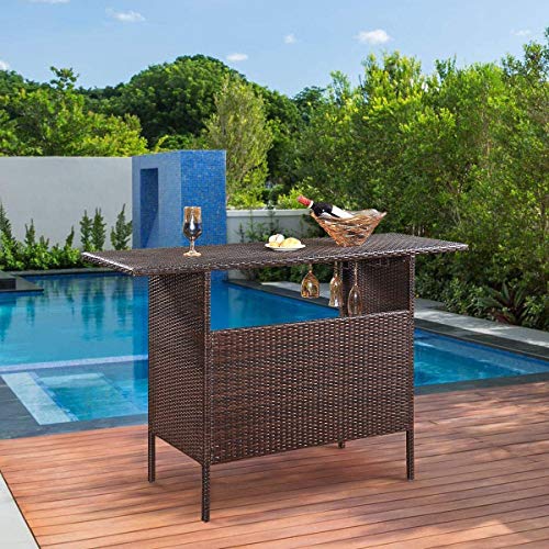 SPSUPE Outdoor Patio Rattan Bar Table, Wicker Bar Counter Table with 2 Steel Shelves and 2 Sets of Rails, 55.1"X 18.5"X 36.2" (L x W x H), Ideal for Garden, Backyard and Pool Side, Brown