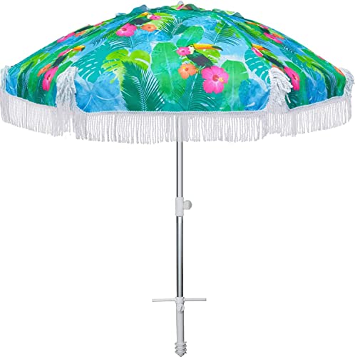 AMMSUN 6.5ft Heavy Duty HIGH Wind fringe Beach Umbrella with sand anchor & Tilt Sun Shelter , UV 50+ Sun Protection Outdoor Sunshade Umbrella with Carry Bag for Patio Garden Beach Pool Backyard Sports Multicolor Green