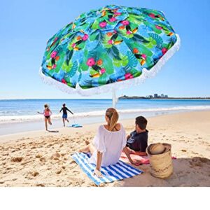 AMMSUN 6.5ft Heavy Duty HIGH Wind fringe Beach Umbrella with sand anchor & Tilt Sun Shelter , UV 50+ Sun Protection Outdoor Sunshade Umbrella with Carry Bag for Patio Garden Beach Pool Backyard Sports Multicolor Green