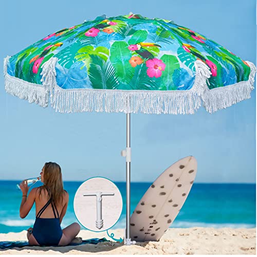 AMMSUN 6.5ft Heavy Duty HIGH Wind fringe Beach Umbrella with sand anchor & Tilt Sun Shelter , UV 50+ Sun Protection Outdoor Sunshade Umbrella with Carry Bag for Patio Garden Beach Pool Backyard Sports Multicolor Green