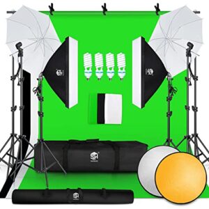 sh 2.6m x 3m/8.5ft x 10ft photography lighting backdrops stand accessories kit and 4 x 65w 5500k bulbs green screen umbrellas softbox continuous light kit for photo studio portrait video shoot