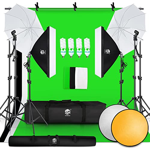 SH 2.6M x 3M/8.5ft x 10ft Photography Lighting Backdrops Stand Accessories Kit and 4 x 65W 5500K Bulbs Green Screen Umbrellas Softbox Continuous Light Kit for Photo Studio Portrait Video Shoot