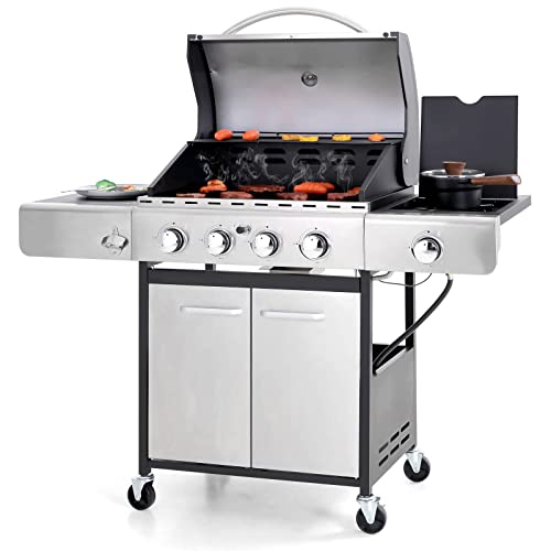 Sophia & William 4-Burner Propane Gas Grill with Side Burner and Porcelain-Enameled Cast Iron Grates 42,000BTU Outdoor Cooking Stainless Steel BBQ Grills Cabinet Style Patio Garden Barbecue Grill