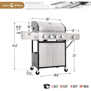 Sophia & William 4-Burner Propane Gas Grill with Side Burner and Porcelain-Enameled Cast Iron Grates 42,000BTU Outdoor Cooking Stainless Steel BBQ Grills Cabinet Style Patio Garden Barbecue Grill