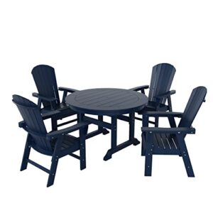 wo outdoor adirondack patio dining chair table 5 pcs set seashell back armchair round table retro aesthetic for outside restaurant dining, resort, hotel, lawn, garden (navy blue)