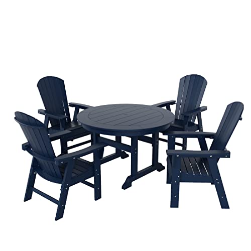 WO Outdoor Adirondack Patio Dining Chair Table 5 PCS Set Seashell Back Armchair Round Table Retro Aesthetic for Outside Restaurant Dining, Resort, Hotel, Lawn, Garden (Navy Blue)