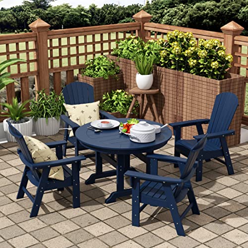 WO Outdoor Adirondack Patio Dining Chair Table 5 PCS Set Seashell Back Armchair Round Table Retro Aesthetic for Outside Restaurant Dining, Resort, Hotel, Lawn, Garden (Navy Blue)