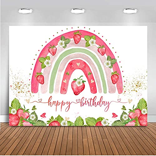 Mocsicka Strawberry Birthday Backdrop Rainbow Berry Sweet Party Decorations Photo Backdrops Sweet Girl Happy Birthday Photography Background (7x5ft)