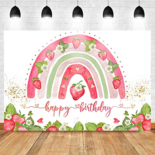 Mocsicka Strawberry Birthday Backdrop Rainbow Berry Sweet Party Decorations Photo Backdrops Sweet Girl Happy Birthday Photography Background (7x5ft)