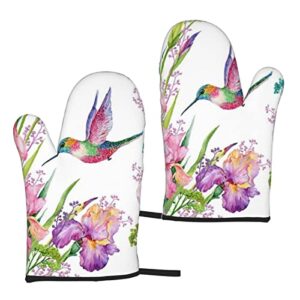 Garden with Birds and Flowers Printed Heat Resistant Kitchen Oven Gloves, Non-Slip Washable Cooking Gloves for Baking and Grilling