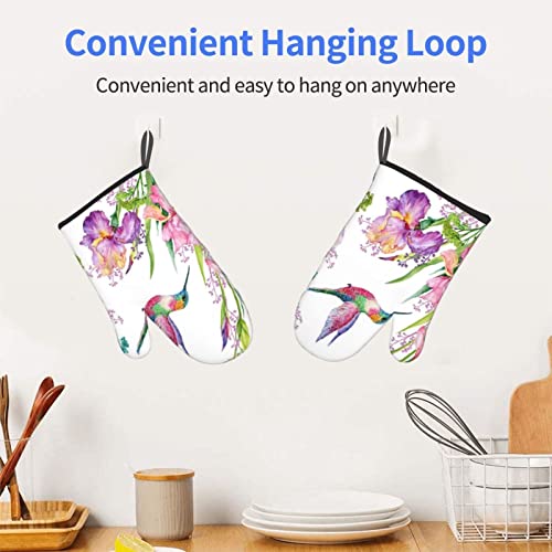 Garden with Birds and Flowers Printed Heat Resistant Kitchen Oven Gloves, Non-Slip Washable Cooking Gloves for Baking and Grilling