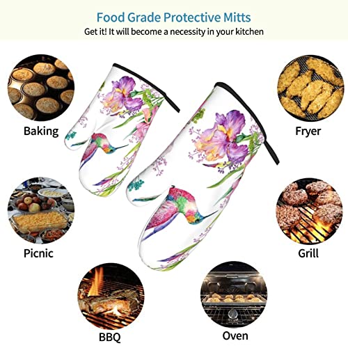 Garden with Birds and Flowers Printed Heat Resistant Kitchen Oven Gloves, Non-Slip Washable Cooking Gloves for Baking and Grilling