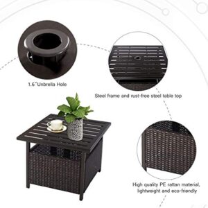 Giantex Outdoor Side Table with Umbrella Hole, Rattan/Wicker Umbrella Stand Table, Steel Metal Patio Bistro Table for Outdoor Deck Garden Pool, Brown