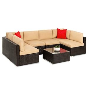 best choice products 7-piece modular outdoor sectional wicker patio furniture conversation sofa set w/ 6 chairs, 2 pillows, seat clips, coffee table, cover included – brown/tan