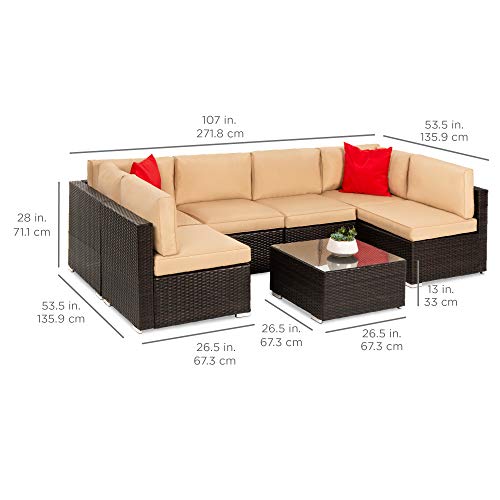 Best Choice Products 7-Piece Modular Outdoor Sectional Wicker Patio Furniture Conversation Sofa Set w/ 6 Chairs, 2 Pillows, Seat Clips, Coffee Table, Cover Included - Brown/Tan