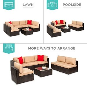 Best Choice Products 7-Piece Modular Outdoor Sectional Wicker Patio Furniture Conversation Sofa Set w/ 6 Chairs, 2 Pillows, Seat Clips, Coffee Table, Cover Included - Brown/Tan