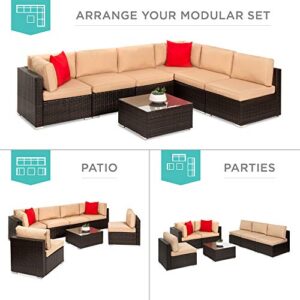 Best Choice Products 7-Piece Modular Outdoor Sectional Wicker Patio Furniture Conversation Sofa Set w/ 6 Chairs, 2 Pillows, Seat Clips, Coffee Table, Cover Included - Brown/Tan