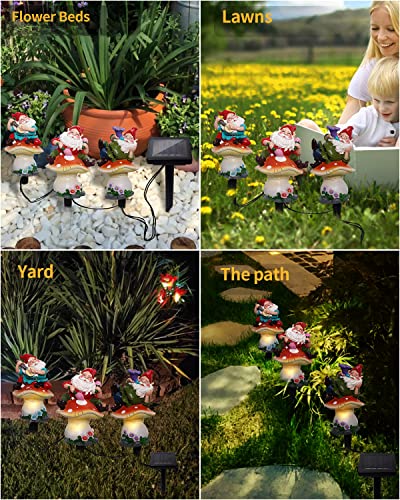 LOGUIDE Outdoor Garden Gnome Statue Solar Lights,Set of 3 LED Resin Mushroom Gnome Garden Stake Lights,Waterproof Outdoor Figurine for Garden,Yard,Flower Bed,Grave,Walkway Decor,Gift for Gnome Lovers