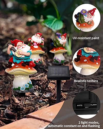 LOGUIDE Outdoor Garden Gnome Statue Solar Lights,Set of 3 LED Resin Mushroom Gnome Garden Stake Lights,Waterproof Outdoor Figurine for Garden,Yard,Flower Bed,Grave,Walkway Decor,Gift for Gnome Lovers