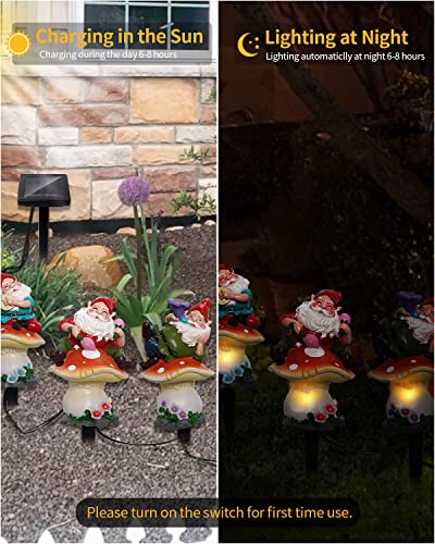 LOGUIDE Outdoor Garden Gnome Statue Solar Lights,Set of 3 LED Resin Mushroom Gnome Garden Stake Lights,Waterproof Outdoor Figurine for Garden,Yard,Flower Bed,Grave,Walkway Decor,Gift for Gnome Lovers