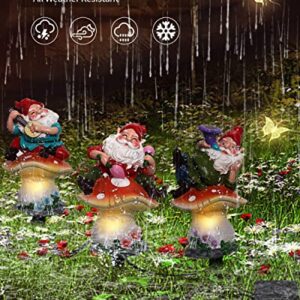 LOGUIDE Outdoor Garden Gnome Statue Solar Lights,Set of 3 LED Resin Mushroom Gnome Garden Stake Lights,Waterproof Outdoor Figurine for Garden,Yard,Flower Bed,Grave,Walkway Decor,Gift for Gnome Lovers