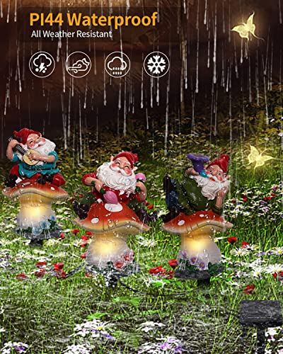 LOGUIDE Outdoor Garden Gnome Statue Solar Lights,Set of 3 LED Resin Mushroom Gnome Garden Stake Lights,Waterproof Outdoor Figurine for Garden,Yard,Flower Bed,Grave,Walkway Decor,Gift for Gnome Lovers