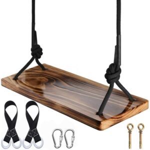 tree swing seat,atfwel carbonized hanging swing seat with adjustable rope for adult kids garden,yard,indoor,outdoor durable wooden swing can withstand 440lb (17.7×7.9×1.0 inch)