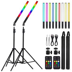 led light sticks rgb light wand, photography light stick led video lighting kit 9 color modes, with 26.2″ to 78.7″ tripods, adjustable 3200k-5600k, pack of 2 [upgraded]