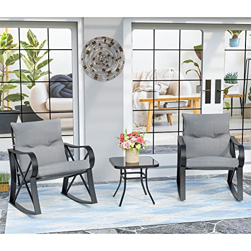 HOMPUS 3-Piece Outdoor Rocking Chairs Bistro Set Wicker Patio Furniture Set Metal Frame Patio Rockes Set w Gray Cushions, Front Porch Rocking Chairs with Glass Coffee Table for Balcony,Garden