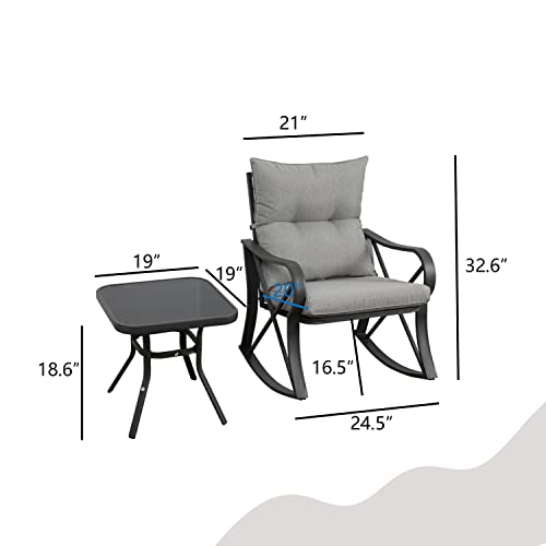 HOMPUS 3-Piece Outdoor Rocking Chairs Bistro Set Wicker Patio Furniture Set Metal Frame Patio Rockes Set w Gray Cushions, Front Porch Rocking Chairs with Glass Coffee Table for Balcony,Garden